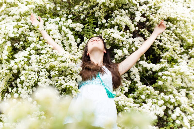 Woman Relax in White Summer Flowers Stock Image - Image of beautiful ...
