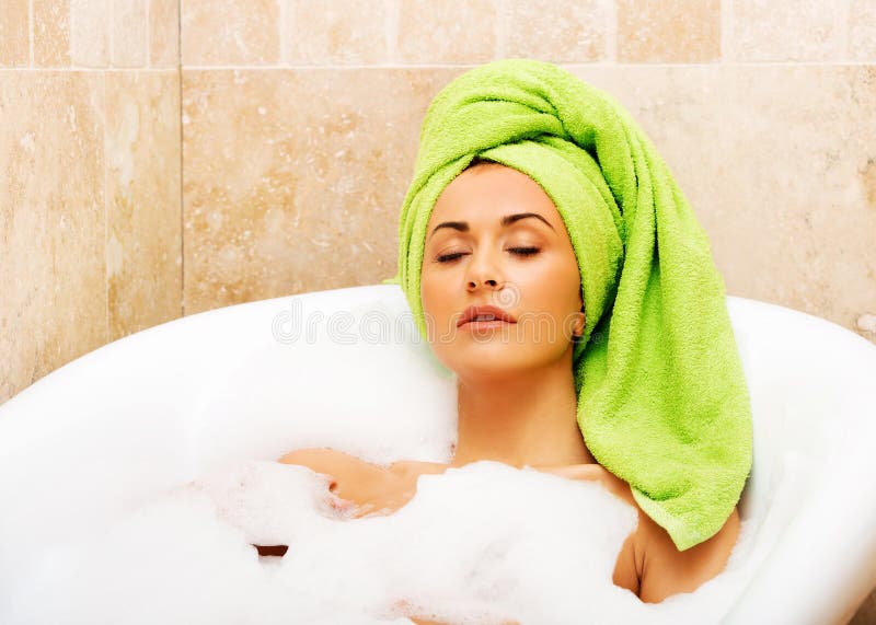 Woman Relaxing in Bath with Eyes Closed Stock Image - Image of body ...