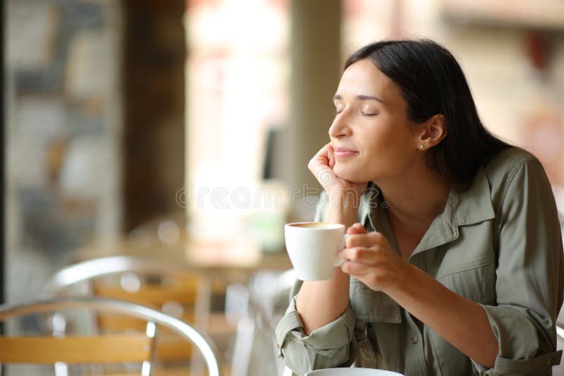Woman Relaxing Drinking Coffee in a Terrace Stock Photo - Image of cafe ...
