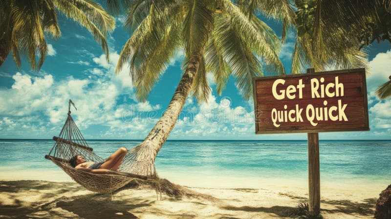 Woman Relaxing in Hammock on Beach, "Get Rich Quick" Sign Stock ...