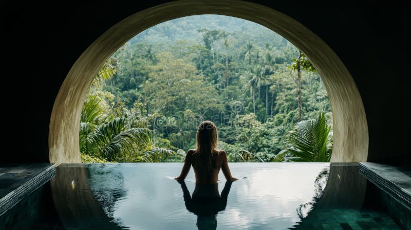 Woman Relaxing in Infinity Pool Overlooking Tropical Jungle through ...