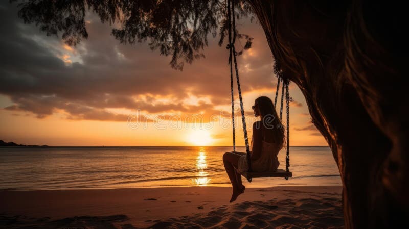 Woman Relaxing on Swing Tropical Paradise Beach at Sun. Generative Ai ...