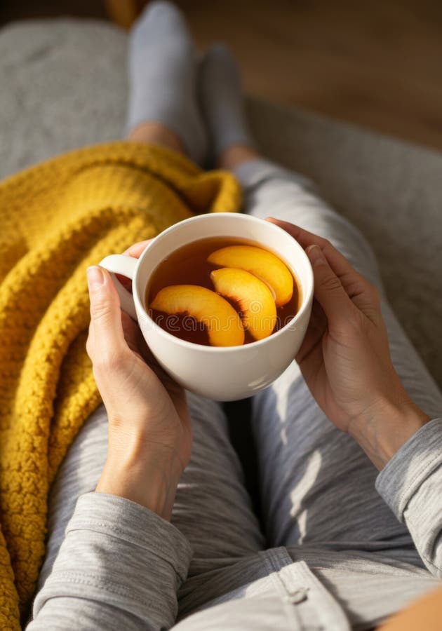 Woman Relaxing with Warm Peach Tea in Cozy Setting Stock Illustration ...