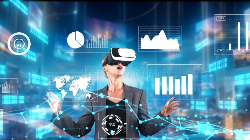 Woman Reporter Explaining Dynamic Market Data Pointing Data by VR ...