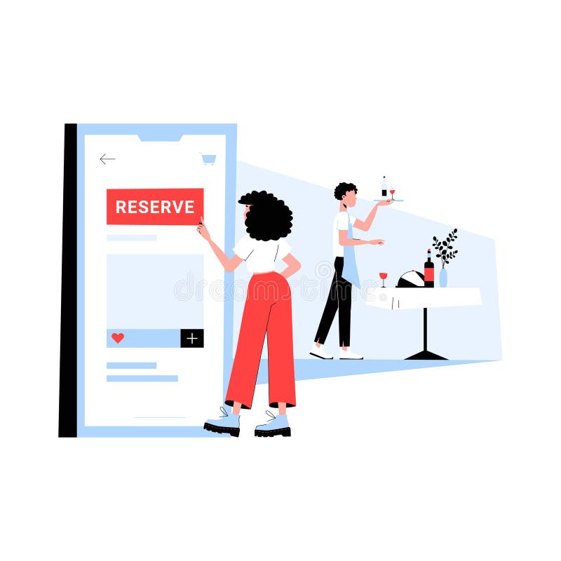 Woman Reserving a Table Using Mobile App and Waiter Serving Drinks in ...