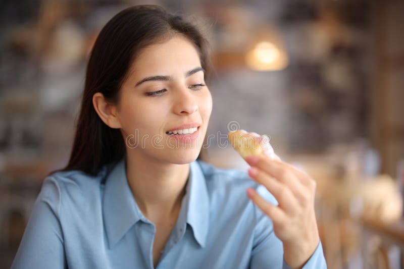 Woman in a Restaurant Eating Bakery Stock Photo - Image of sweet ...