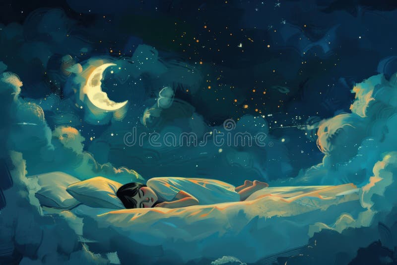 Woman Resting in Bed Struggling with Insomnia Under Soft Moonlight ...