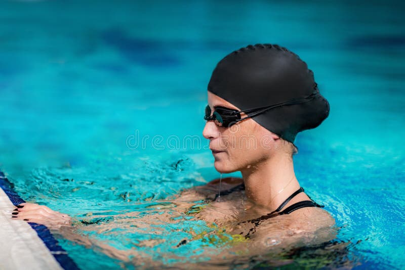 Woman Resting after Swim, Indoor Pool Stock Image - Image of action ...