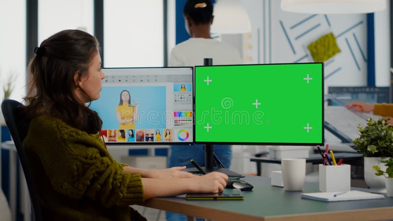 Woman Retoucher Working on Photo Set Using Green Screen Display Stock ...