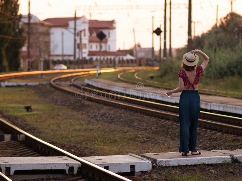 Woman in Retro Hat Waving Goodbye To the Train Stock Image - Image of ...
