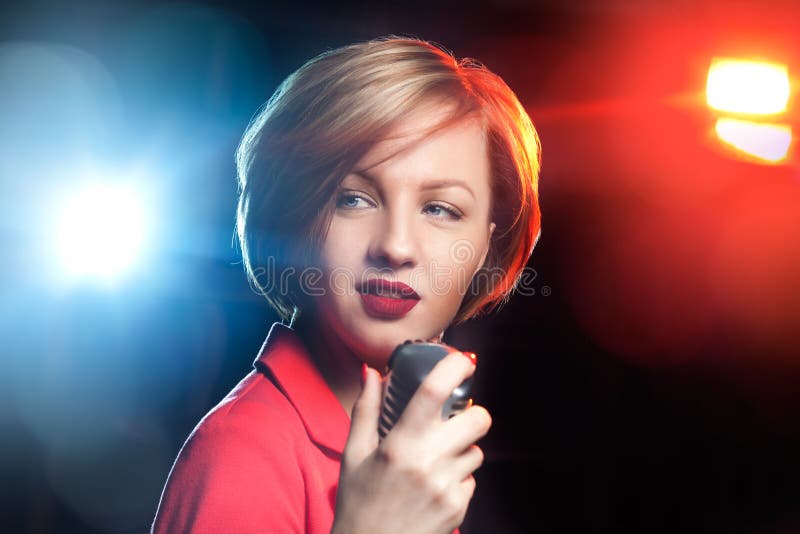 Woman with Retro Microphone Stock Image - Image of black, model: 74951227
