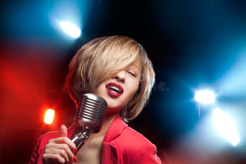 Woman with Retro Microphone Stock Photo - Image of lady, black: 74951330