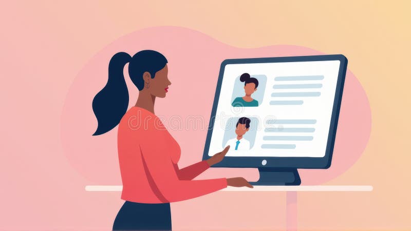 Woman Reviewing Job Applications on Computer Screen Stock Illustration ...