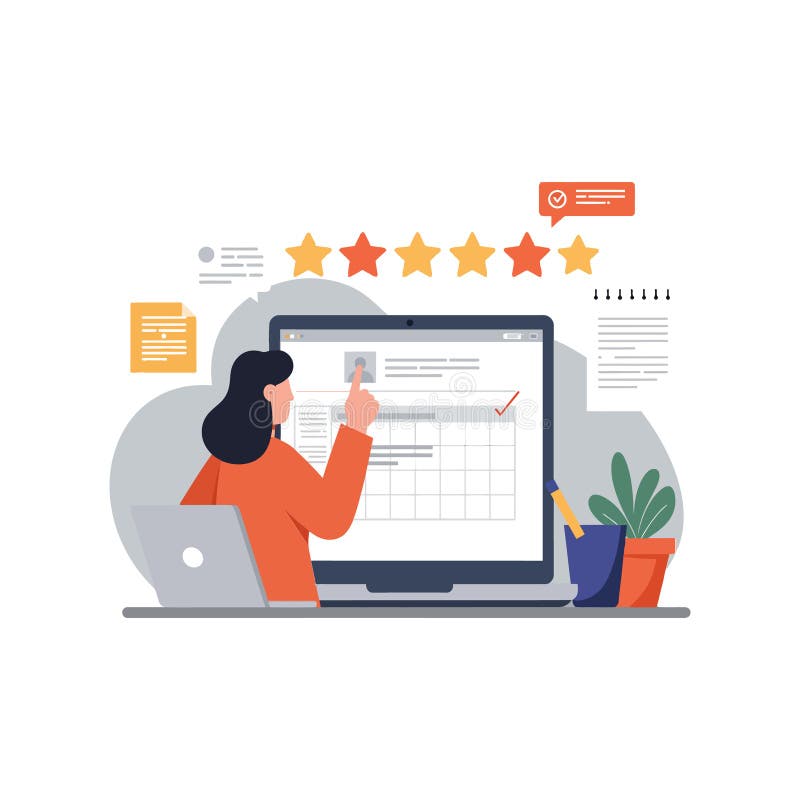 Woman Reviewing a Performance Evaluation on a Large Computer Screen ...