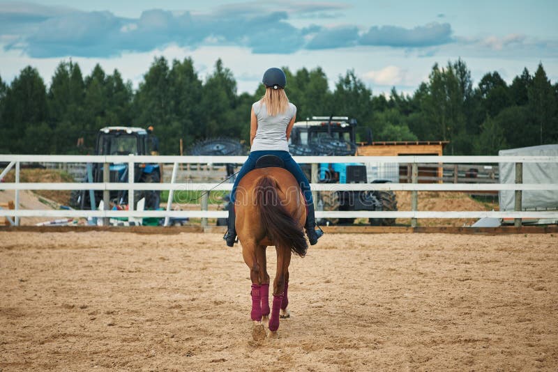 Woman Rider Rides a Horse at the Ranch. Back View Stock Image - Image ...