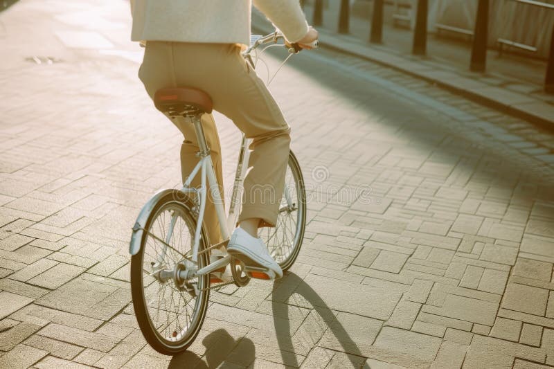Woman Riding a Bicycle on City Pavement at Sunset Stock Image - Image ...