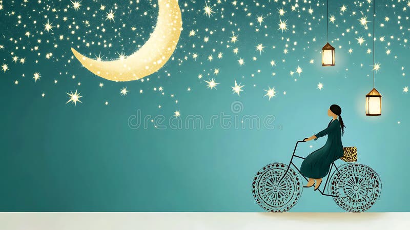 Woman Riding Bicycle Under Starry Night Sky with Crescent Moon Stock ...