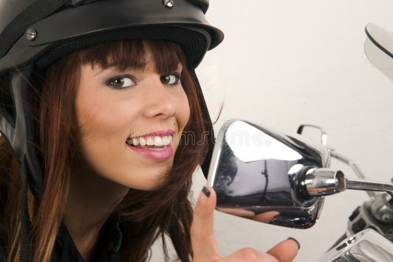 Woman Adjusts Mirror Motorcycle Smile Chrome Stock Image - Image of ...