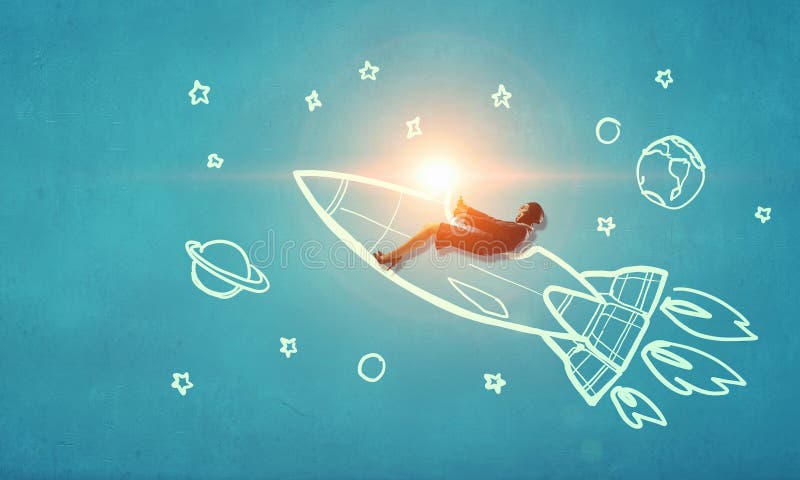 Woman Riding Space Rocket. Mixed Media Stock Image - Image of concept ...