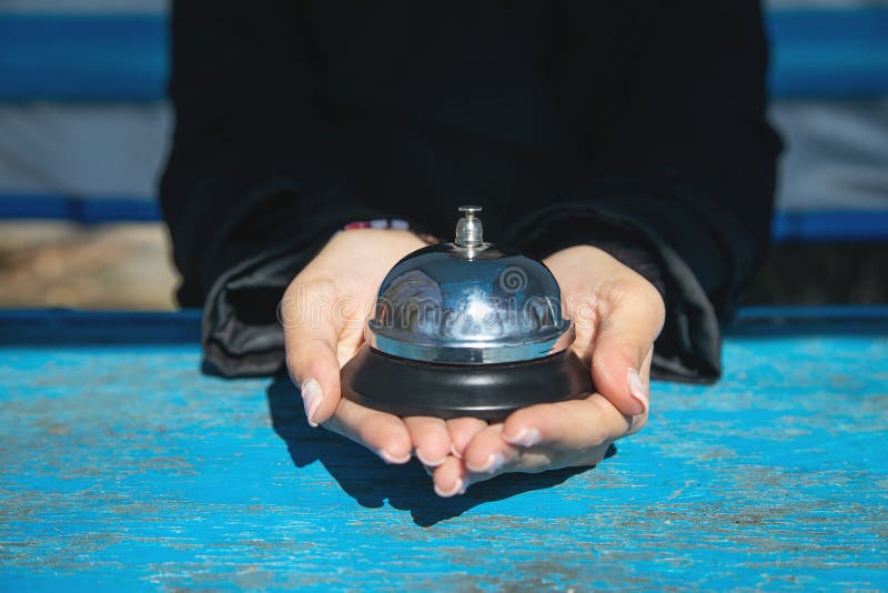 Woman Ringing Service Bell on the Table Stock Photo - Image of arrival ...