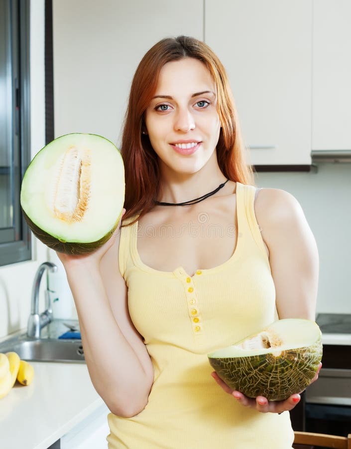 Woman with Ripe Melon in Home Stock Photo - Image of 2025, white: 31914156