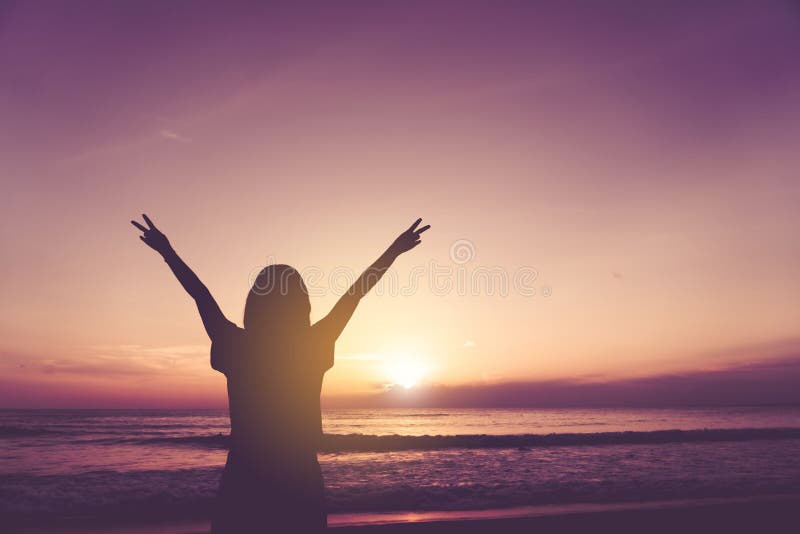 Woman Rise Hands Up To Sky Freedom Concept With Blue Sky Stock Image
