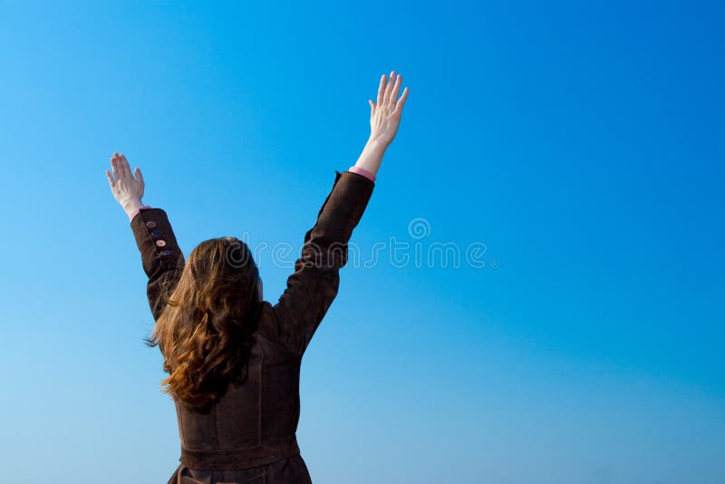 Woman rising hands stock photo. Image of happy, hair - 10055782