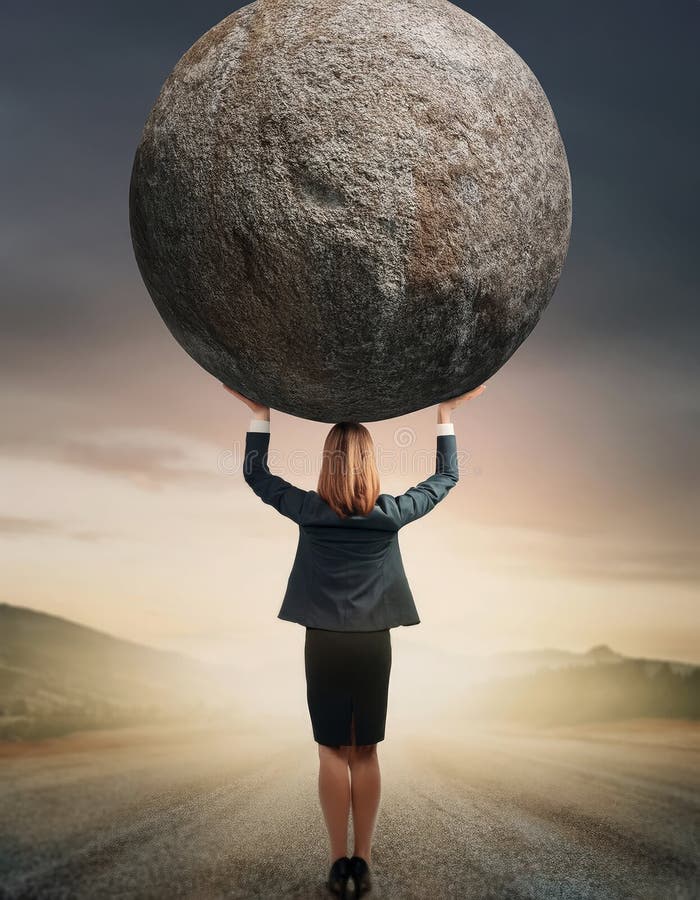Woman on the Road Lifting a Big Boulder from Her Path. Solving an ...