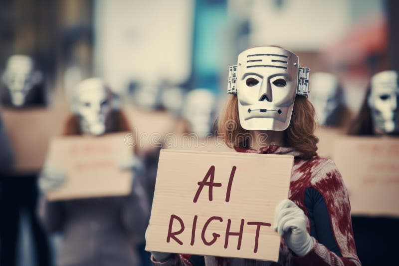 Woman in Robot Mask Holding an AI Rights Protest Sign Stock ...