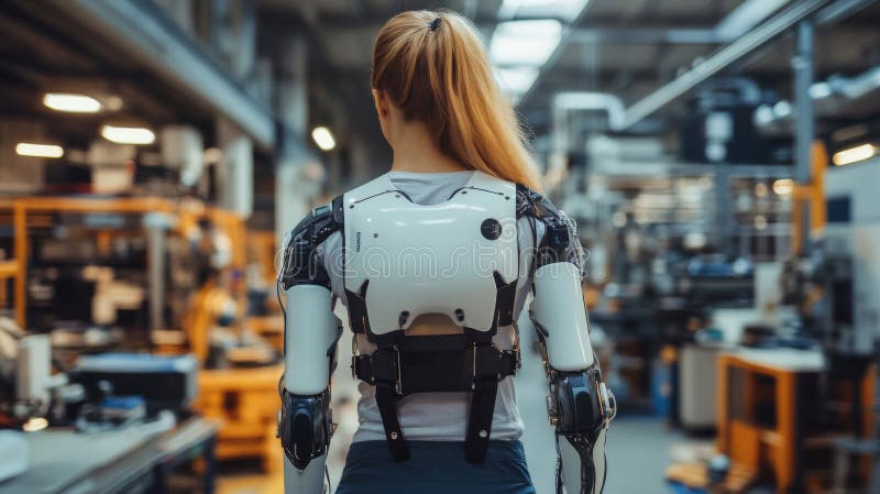 Woman in a Robotic Exoskeleton in a Factory Setting Stock Illustration ...