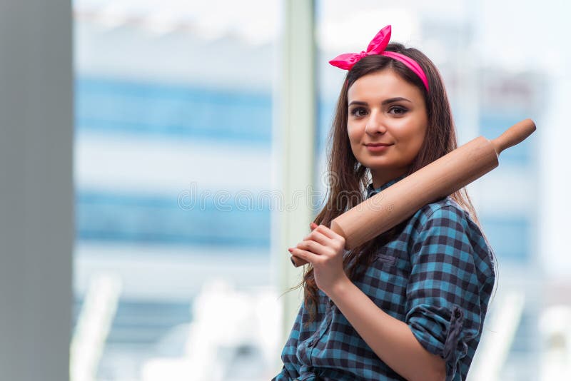 The Woman with Rolling Pin in the Kitchen Stock Image - Image of pastry ...