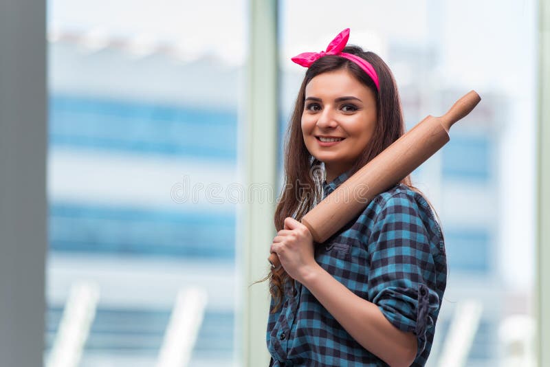 The Woman with Rolling Pin in the Kitchen Stock Image - Image of apron ...