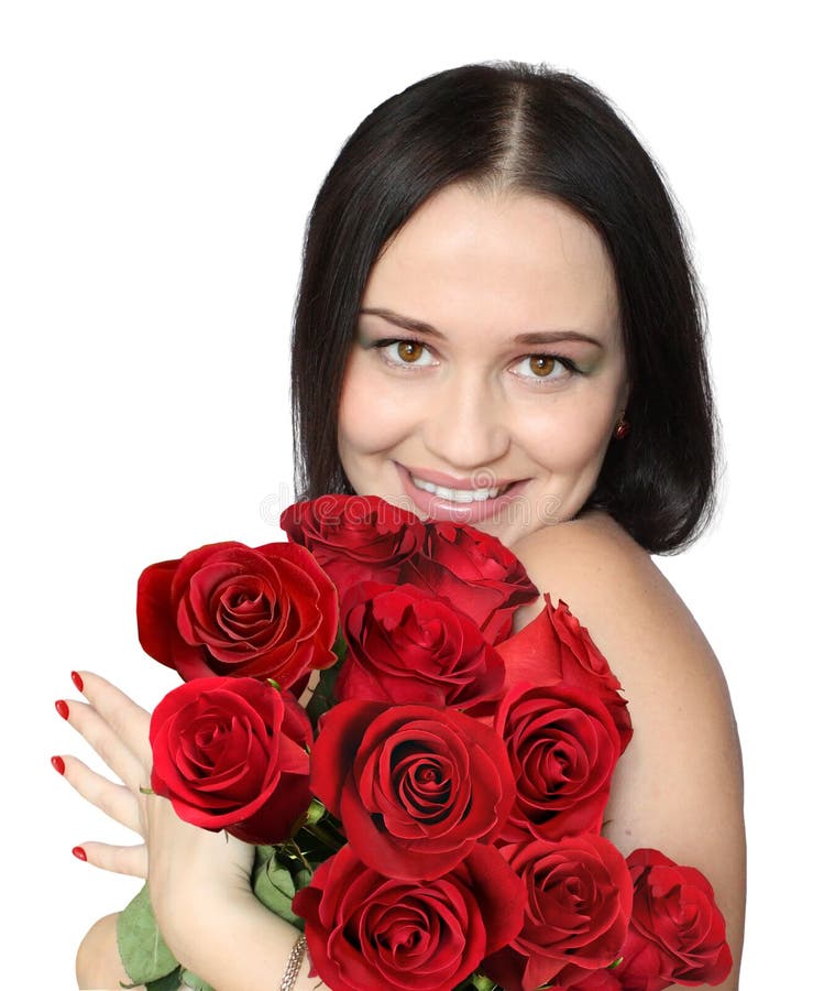 Brunette Woman with a Big Bouquet of Red Roses Stock Image - Image of ...