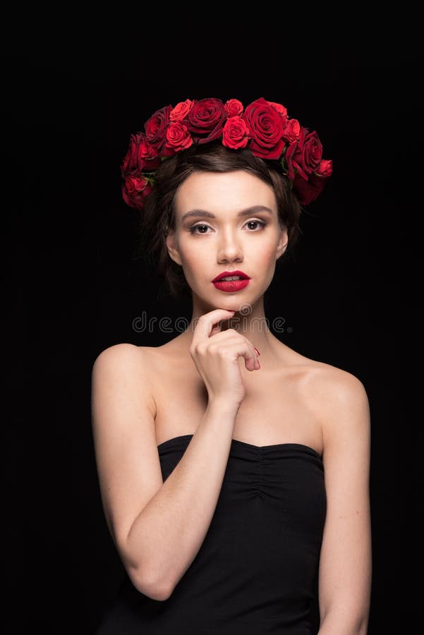 Woman with Roses Wreath on Head Stock Photo - Image of people ...