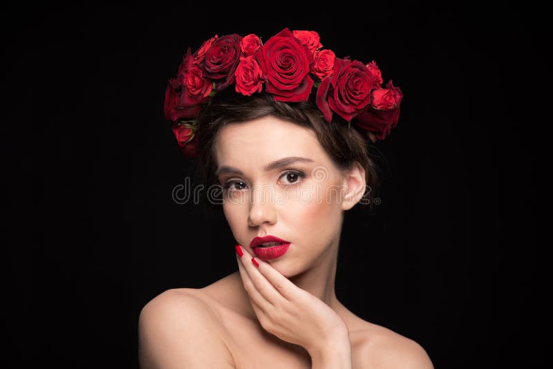 Woman with Roses Wreath on Head Stock Image - Image of model, beauty ...