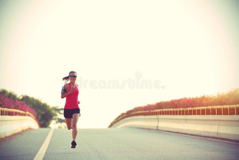 Woman Runner Running on City Bridge Road Stock Photo - Image of clothes ...