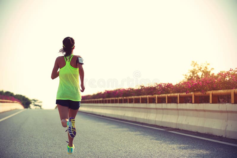 Woman Runner Running on City Bridge Road Stock Photo - Image of ...
