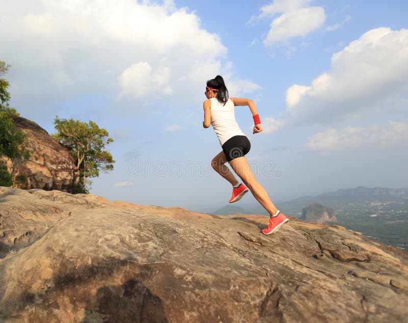 Woman Runner Running on Mountain Peak Stock Photo - Image of korean ...