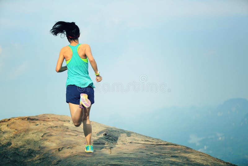 Woman Runner Running on Mountain Peak Stock Photo - Image of committed ...