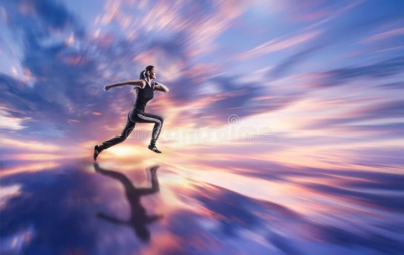 Woman Running Against Coloured Sky Stock Photo - Image of recreation ...