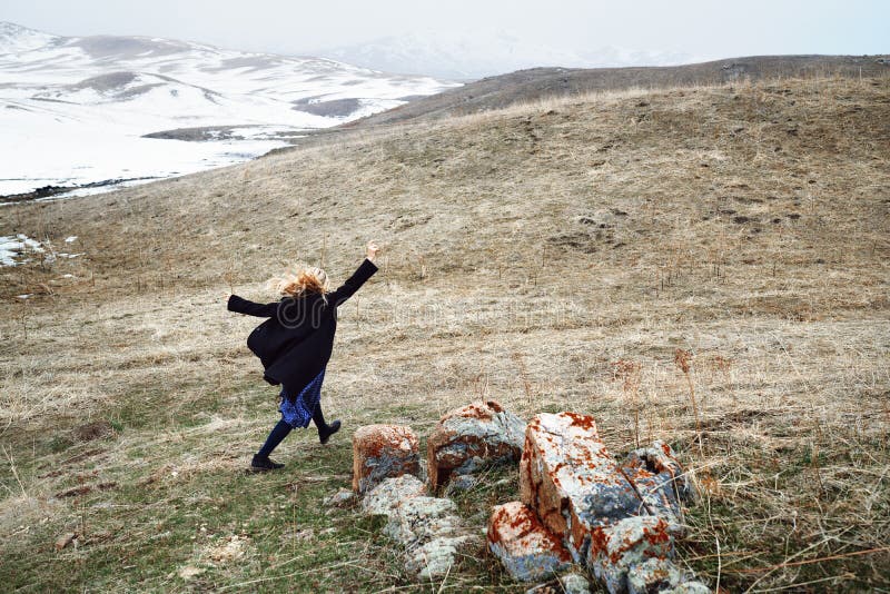 Woman Running Away in the Snow Landscape Stock Image - Image of concept ...