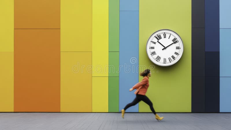 A Woman Running with a Clock in the Background Stock Photo - Image of ...
