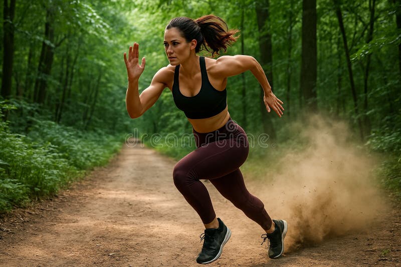 Woman Running Fast on Forest Path with Sunlight Stock Illustration ...