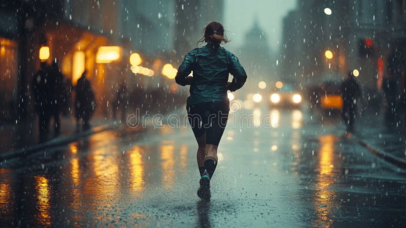 Woman Running in Rain at Night in City Stock Illustration ...