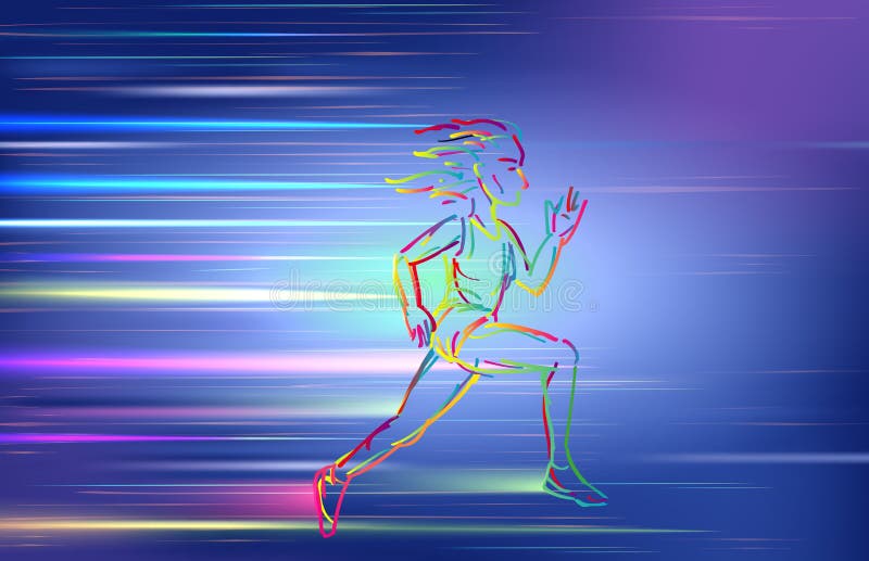 Woman Running, Using Colorful Zigzag Line on Blue Background Stock ...