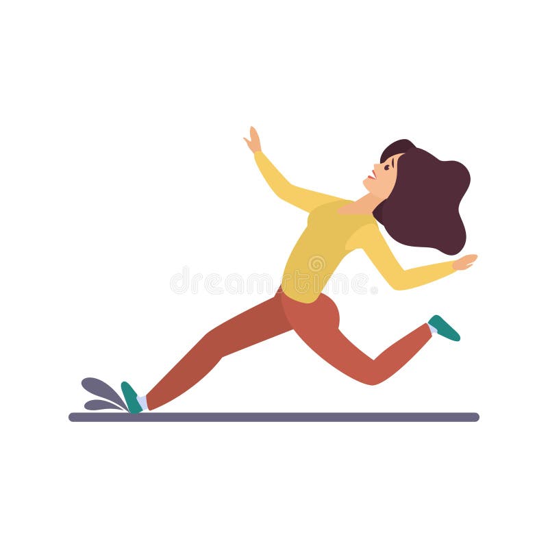 Woman Running on Wet Road, Slipping in Puddle and Falling Down Stock ...