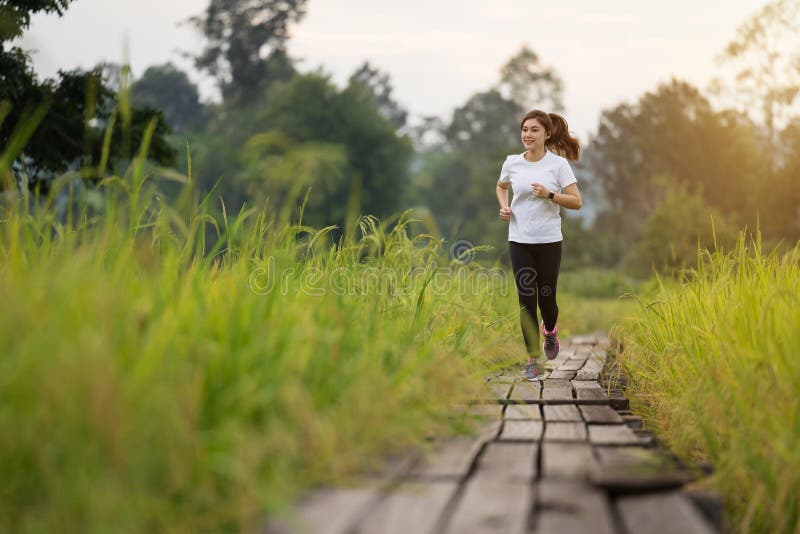 Woman Running on Wooden Path in Field Stock Photo - Image of jogging ...