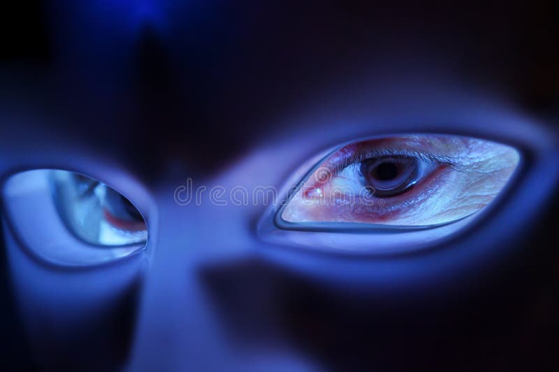 The Womans Eyes Inside Light Therapy Mask Stock Image - Image of glow ...