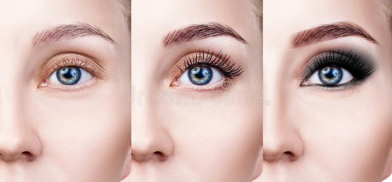 Woman`s Face Close-up before and after Bright Makeup. Stock Image ...