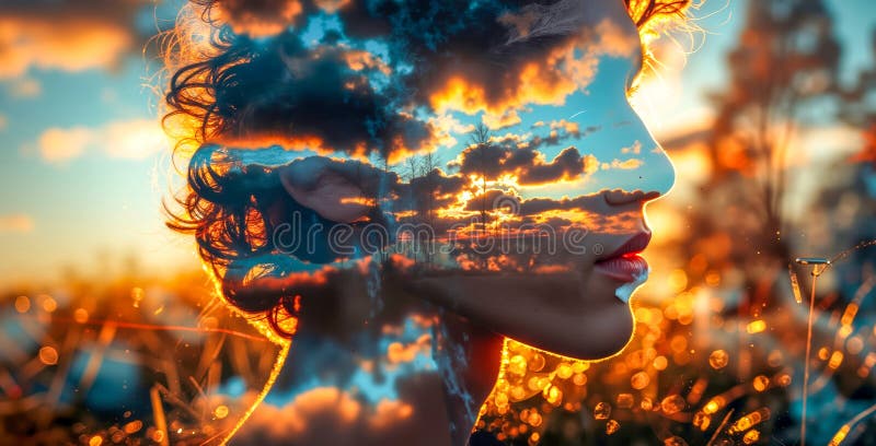 A Woman S Face is Reflected in the Clouds of a Sunset Stock Photo ...